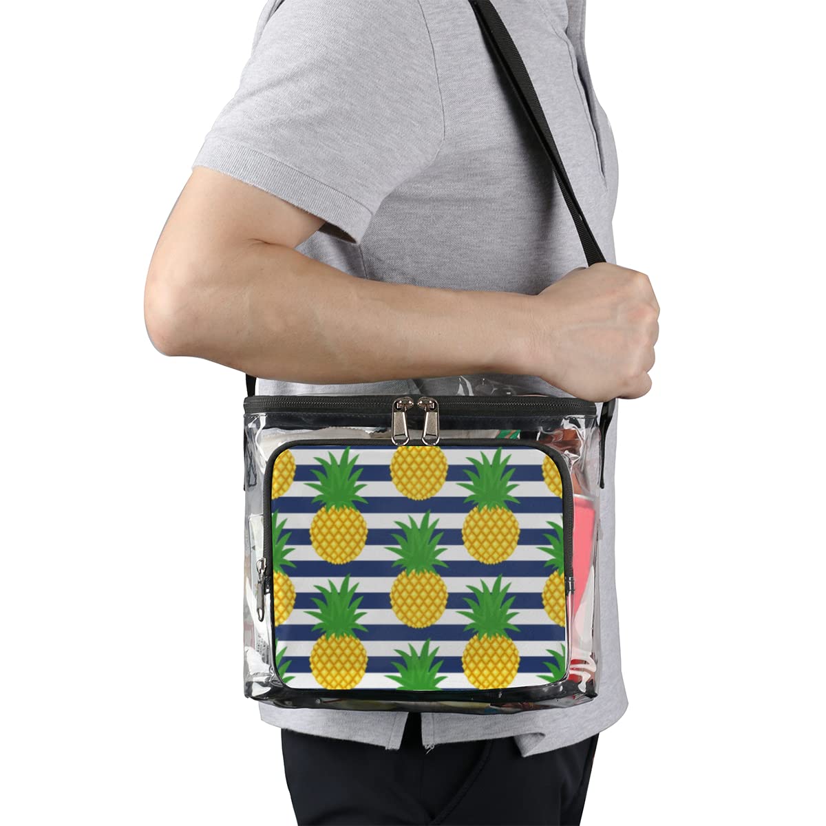 bisibuy Pineapple Striped Background Clear Lunch Bag Stadium Approved PVC Plastic See Through Lunch box with Adjustable Strap for Sports Events Concerts Office