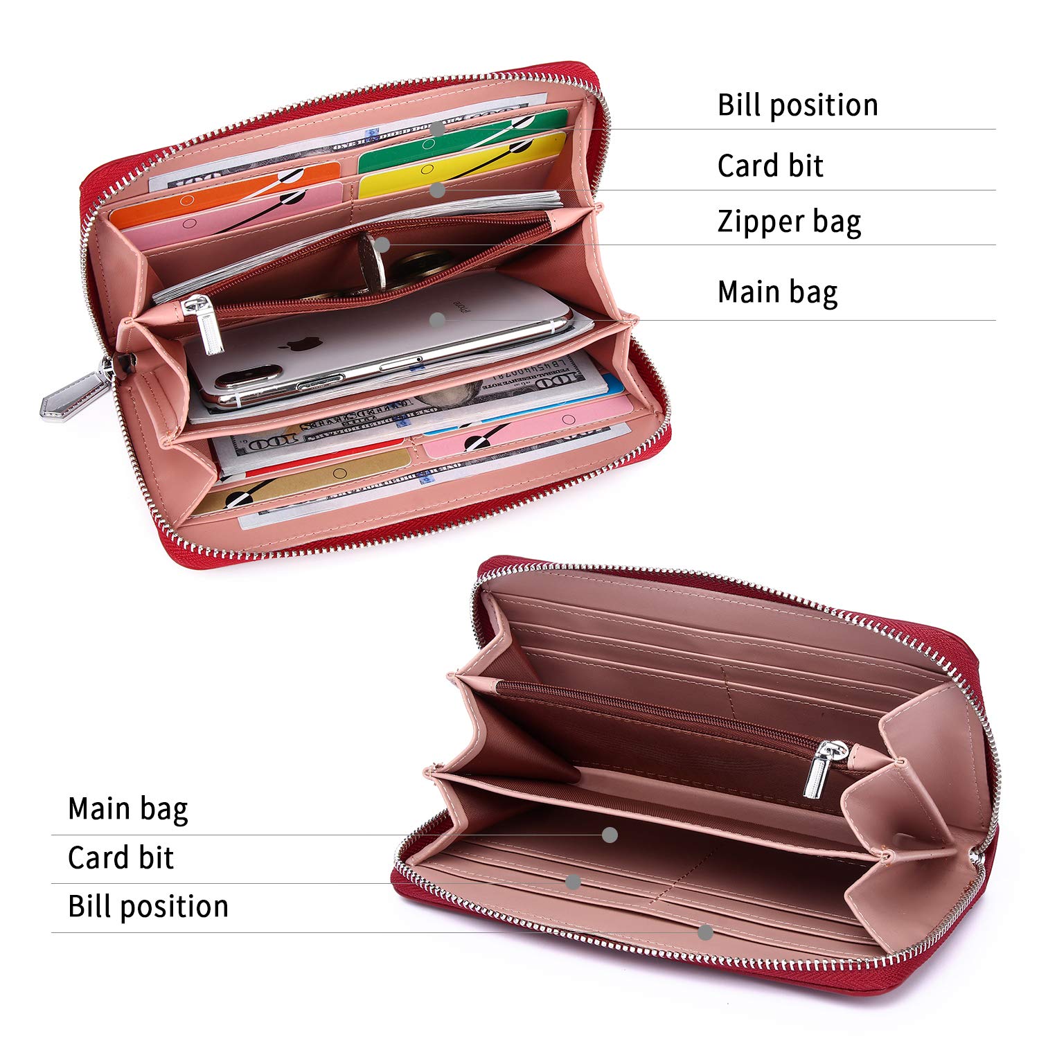 KOWENTIK Women Wallet Leather Zip Phone Clutch Large Travel Organizer Zipper Coin Purse Wristlet (Wallet tye1-Red)