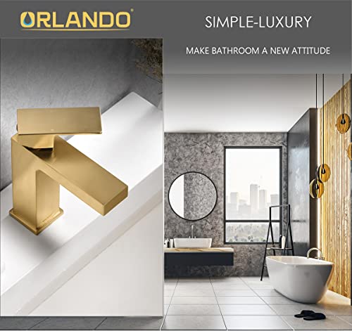 Brushed Gold Bathroom Faucet Single Hole, Modern Brass Bathroom Sink Faucet, Orlando Single Handle Vanity Faucet with Pop-up Drain Assembly and Supply Line, Brushed Gold