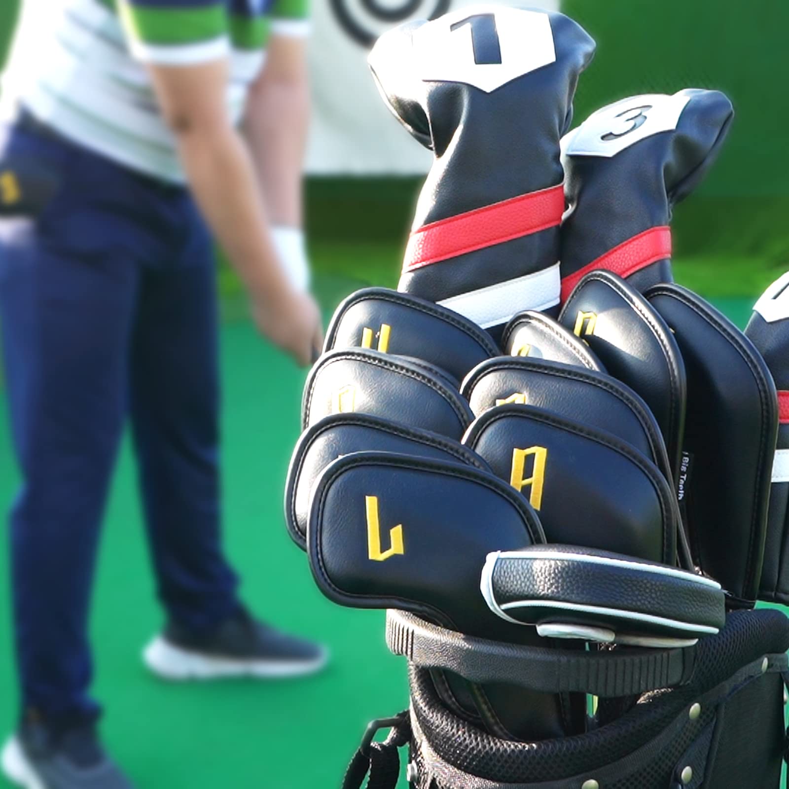 Black 11pcs Golf Iron Covers Long Neck Iron Head Covers, Golf Head Covers Black Leather Iron Covers, Golf Club Covers with Yellow No. Fit Taylormade M2 Callaway Rogue X Ping G710