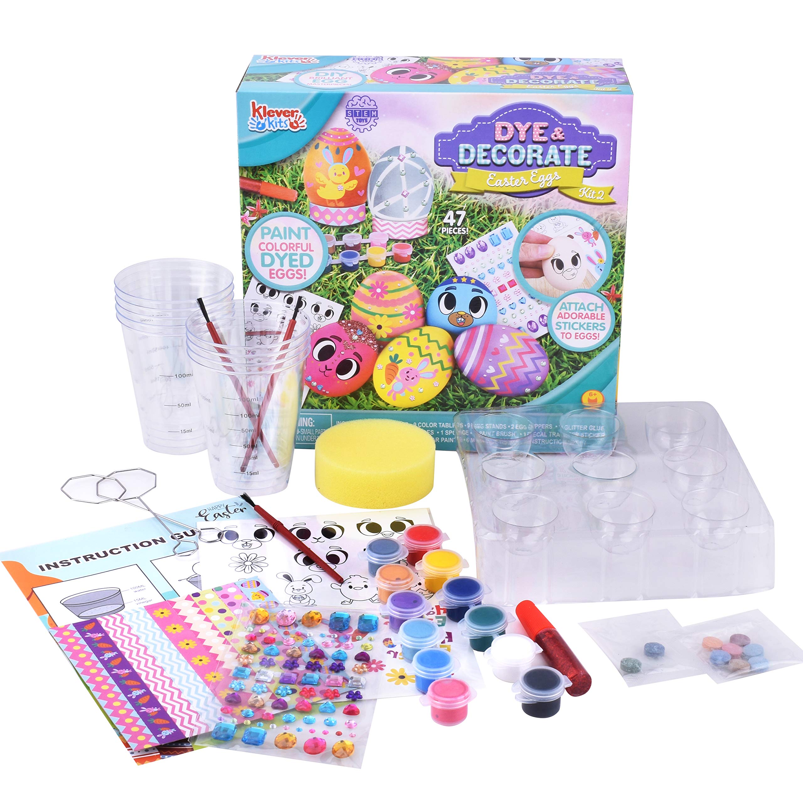 Klever Kits 47 Pcs Easter Egg Dye Decorating Kit Gift with Painting Crafts, Stickers for Kids Boys Girls Easter Creativity Activity, Party Decor, Party Favor