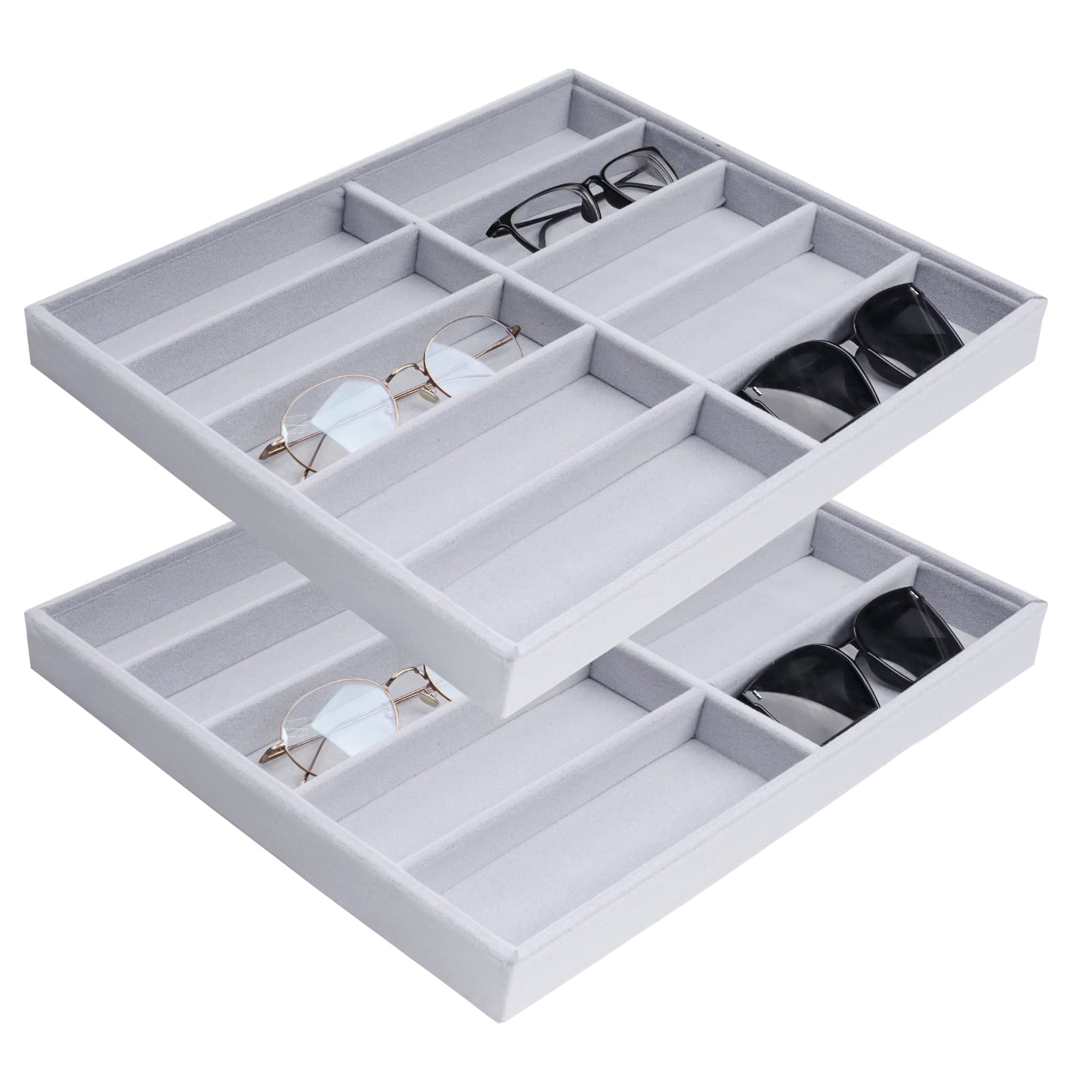 ATROPOS 2 Pieces 10 Grids Sunglasses Organizer Velvet Gray Sunglasses Display Tray Eyeglass Storage Case for Home (Gray)