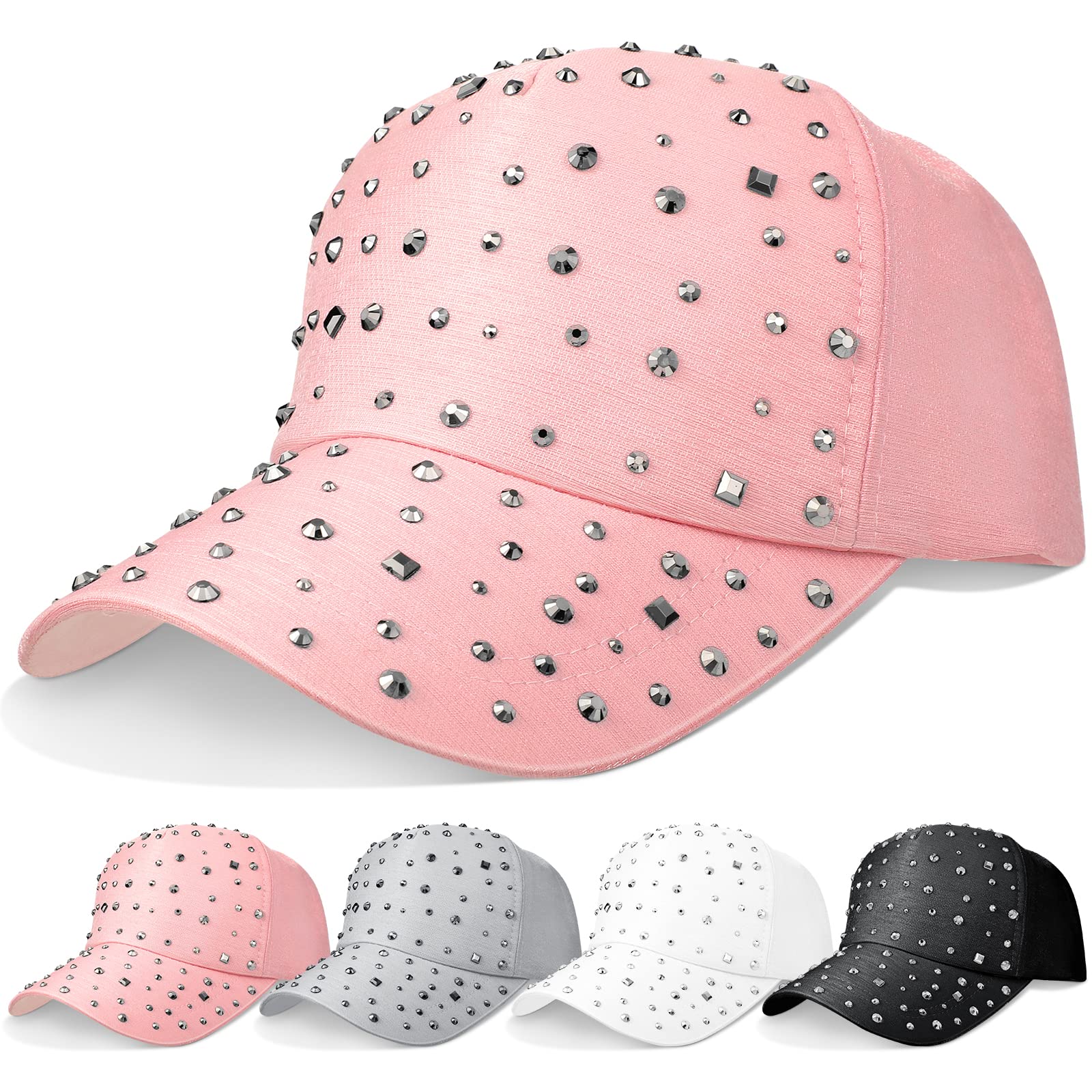 Bonuci 4 Pcs Bling Rhinestone Baseball Cap Women Adjustable Studded Crystal Baseball Cap Casual Glitter Sequin Hat (Cute)