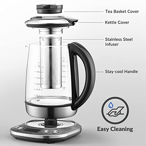 Mecity Electric Tea Kettle With Tea Infuser and Temperature Control Glass Tea Maker LCD Display Preset Brewing Programs For Tea Water Boiler 1.7L