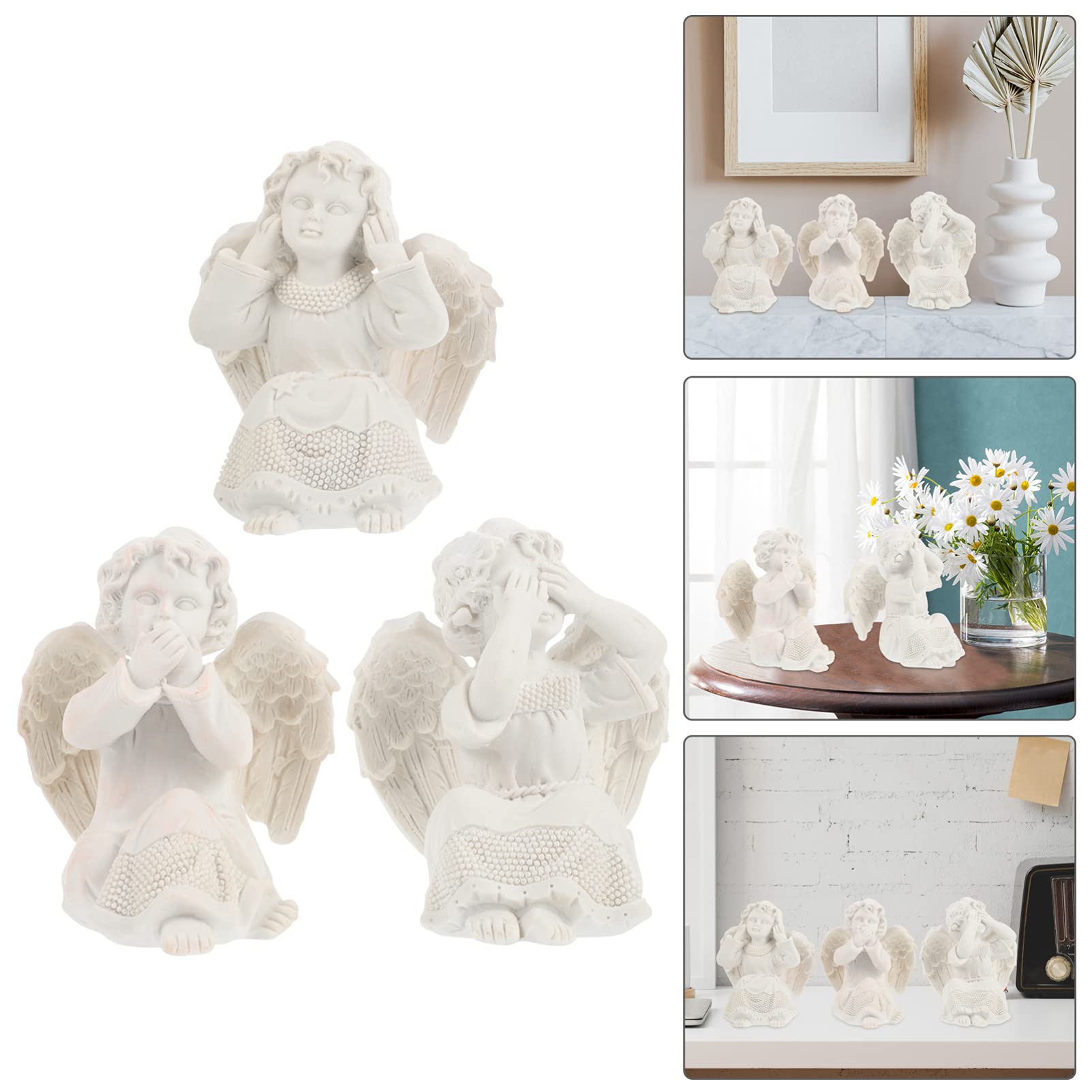 NUOBESTY 3pcs Resin White Praying Angel Statue Figurine Sculpture Cherub Wings Angel Figure Garden Guardian Memorial Statue for Home Table Decoration