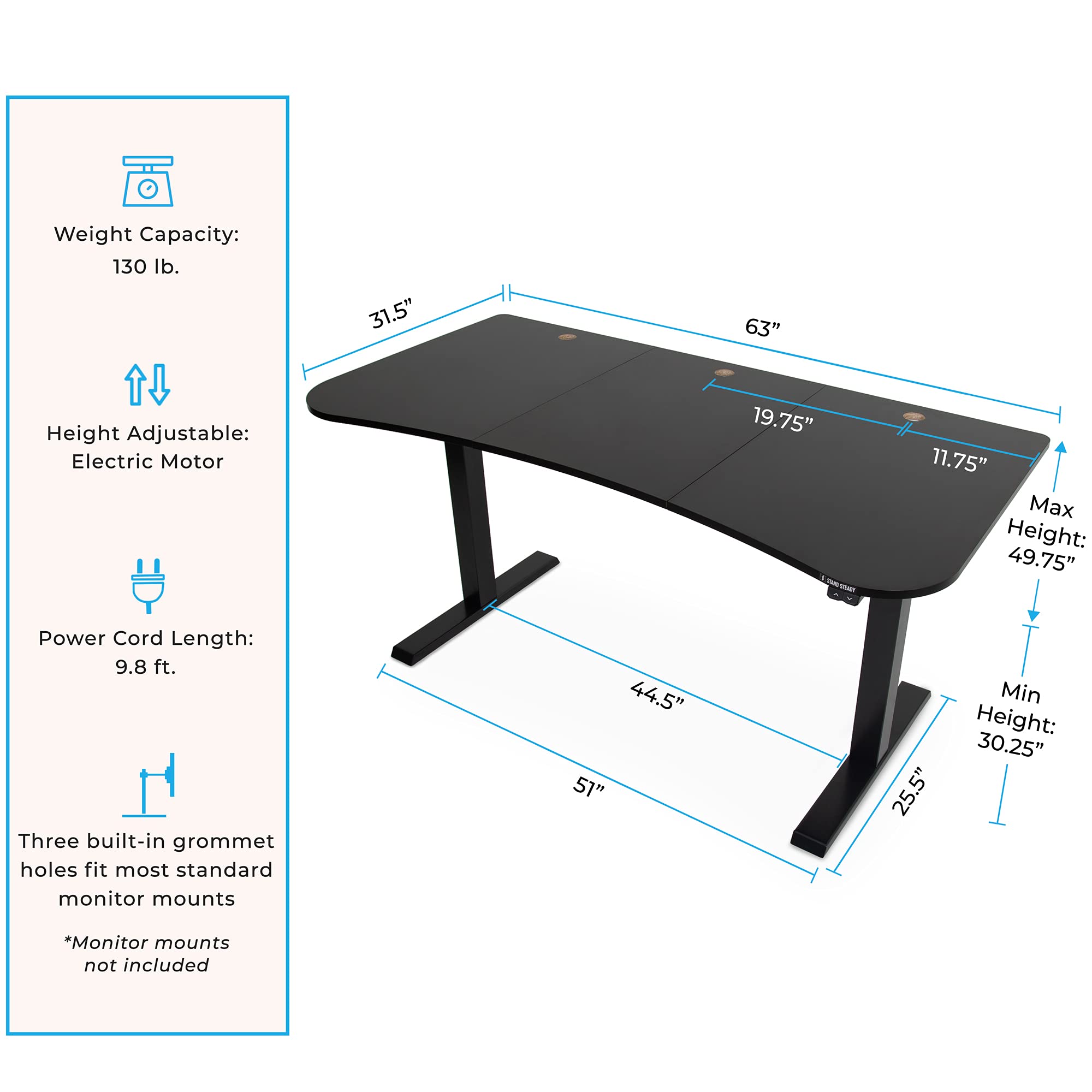 Stand Steady Tranzendesk Power | 63in Electric Gaming Desk | Extra Large Height Adjustable Electric Standing Desk | Ergonomic Computer Desk with 3 Monitor Mount Grommet Holes & Full Size Mouse Pad