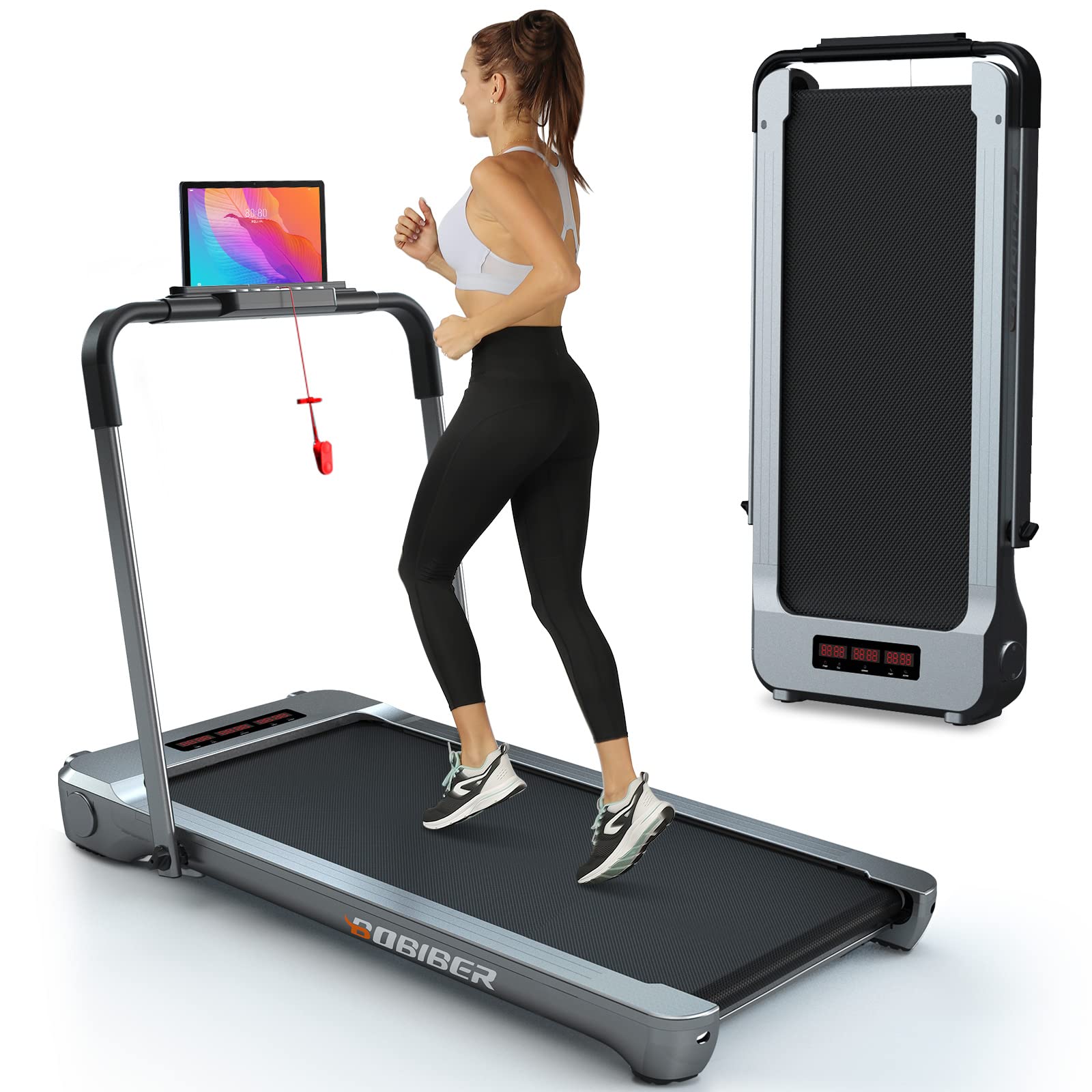Bobiber Under Desk Treadmill, 2 in 1 Folding Treadmill 265 lb Capacity 3.0 HP Widen Running Belt Walking Pad to Increase Productivity and Promote More Restful Sleep (Silver-Gray)