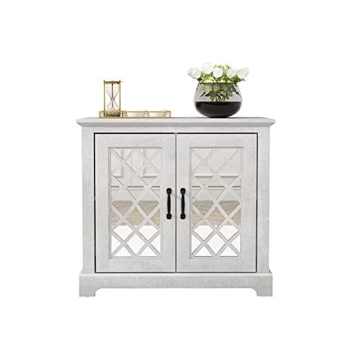 Galano Millicent 2 Door Sideboard, Buffets & Sideboards, Storage Cabinet, Credenza for Living Room, Buffet Cabinet with Storage, Acrylic Mirror, Black with Knotty Grey Oak