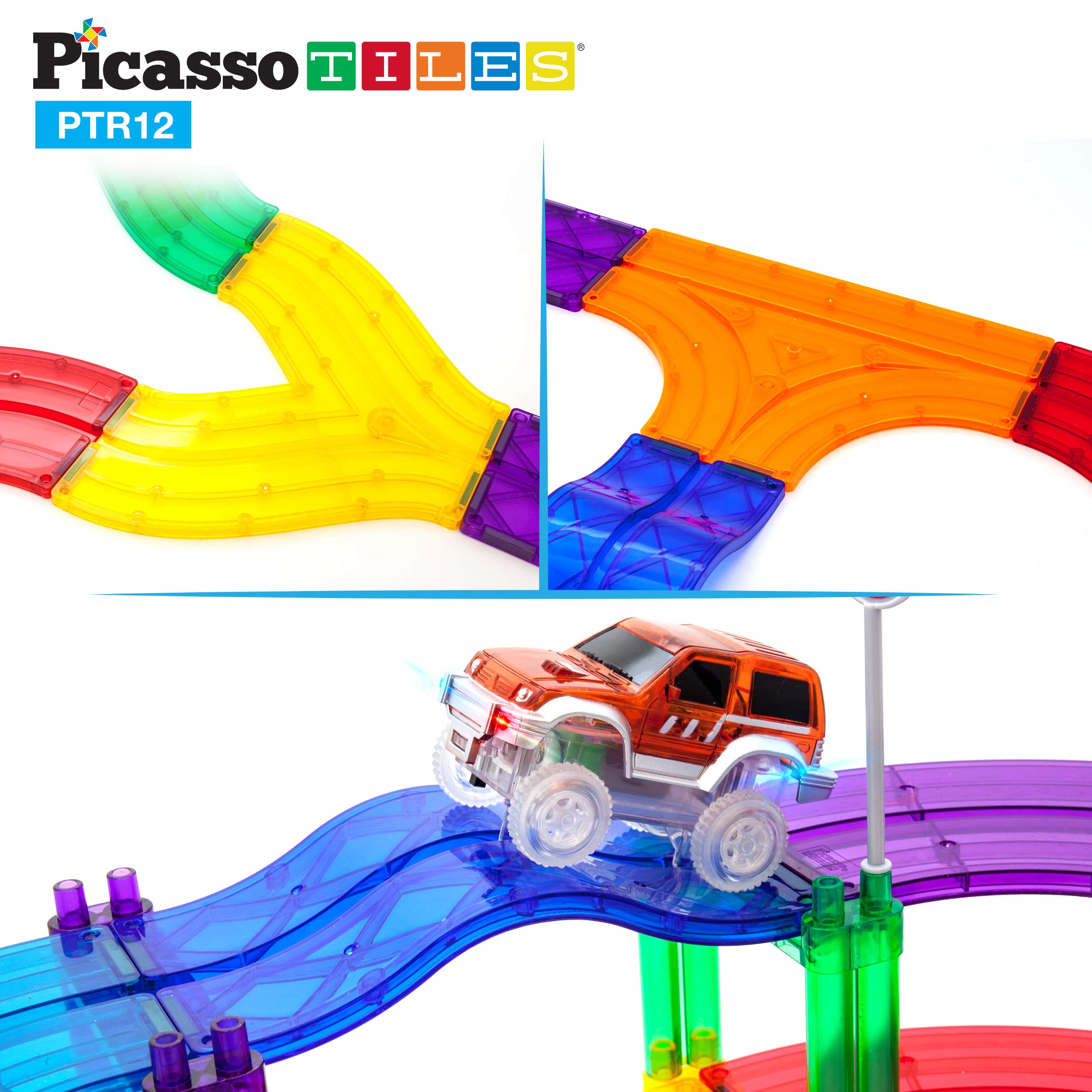 PicassoTiles 12 Piece Race Track Add-On Magnetic Building Block Set Magnet Tiles Construction Toy STEM Learning Kit Early Education Kids Toys Playset Pretend Play Blocks Child Brain Development PTR12