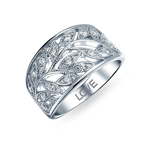 Bling Jewelry Boho Pave Cubic Zirconia Open Filigree Wide Leaves Leaf Band Ring For Women .925 Sterling Silver