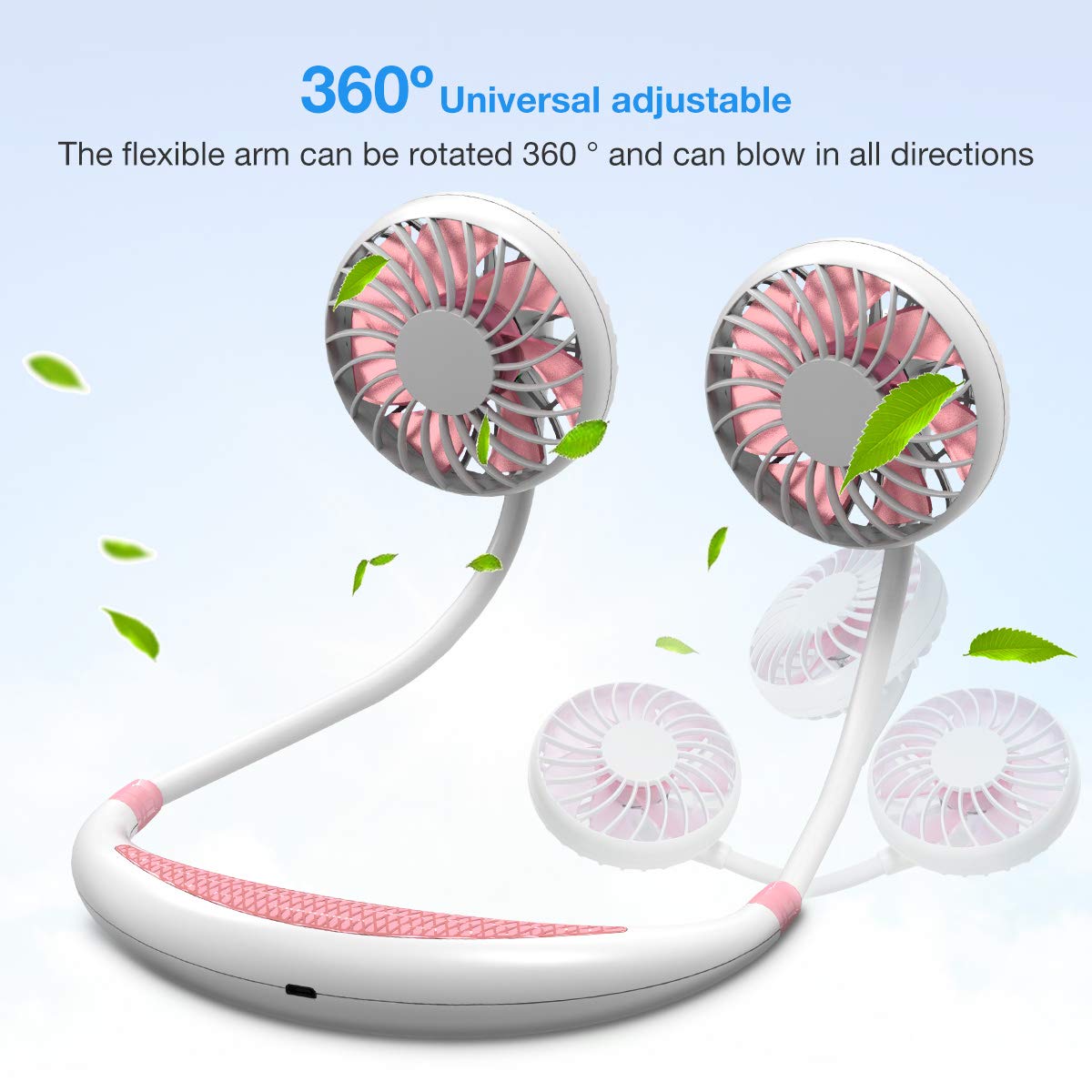 GIM Portable Hanging Neck Fan, 2000mah 3.5-9.5 Hours USB Rechargeable Personal Fan with 3 Level Air Flow 7 LED lights for Home, Office, Travel,Indoor, Outdoor (White&Pink)