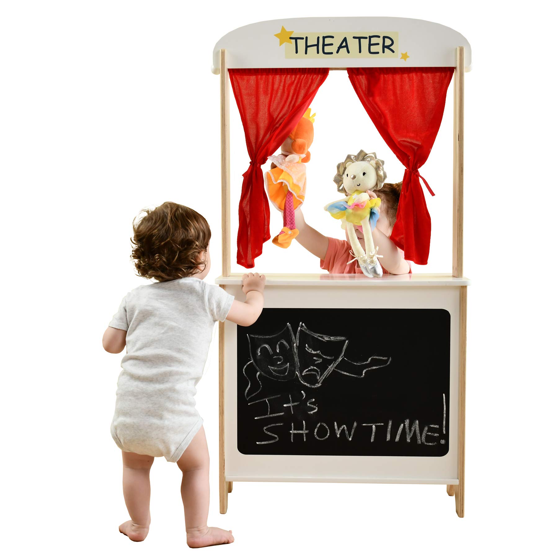 labebe - Wood Puppet Theater, Flannel Curtain Puppet Stage Theater, 2-Sided Tabletop Puppet Stage Chalkboard, 2-in-1 Puppet Theater Reversible Play Store, Multi-Function Theater for Ages 3 and up