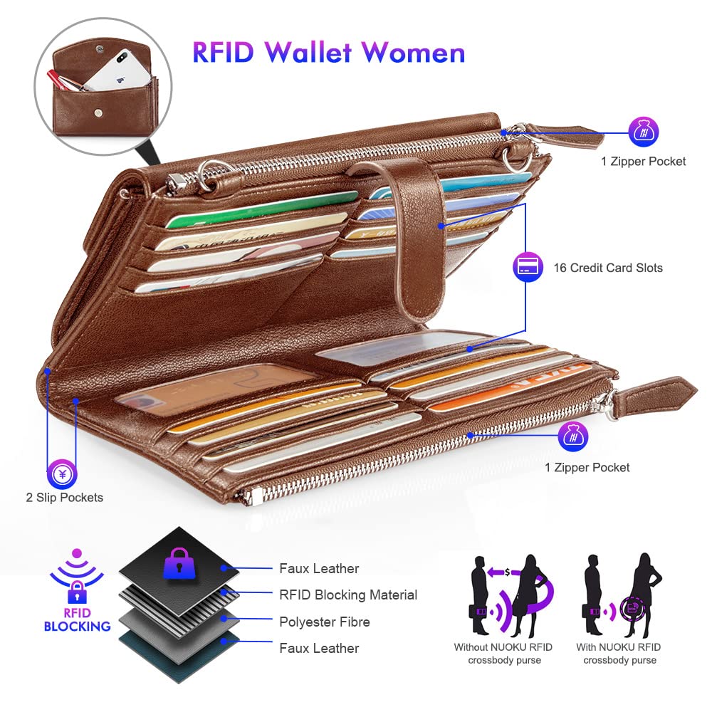 nuoku RFID Wallet Women Travel Zip Wristlet Purse Crossbody Clutch