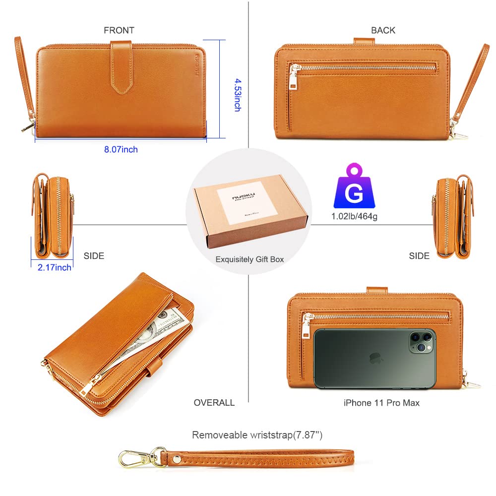 nuoku Wallet for Women RFID Blocking Credit Card Holder with Large Capacity Leather Wristlet (Brown)