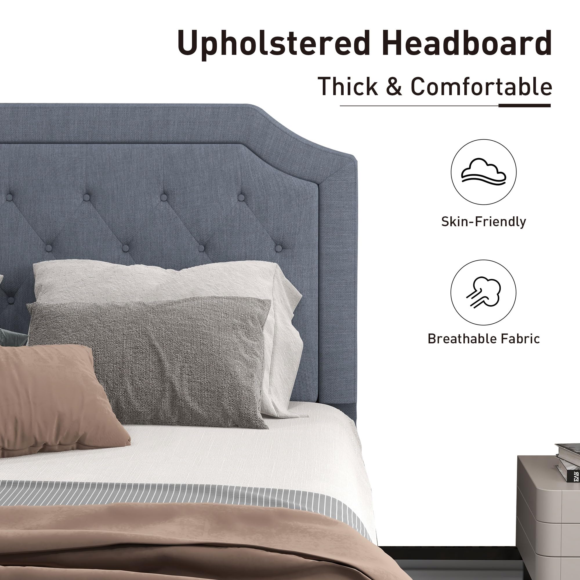 Bonzy Home Full Bed Frame with Button-Tufted Headboard, Modern Platform Bed Frame Queen Size with Under-Bed Storage Space, Solid Wooden Slats, No Box Spring Needed, Noise-Free, Grey