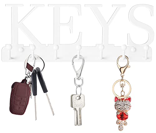 HLWDFLZ Key Holder for Wall - Wall Mounted Key Hangers with 7 Key Hooks, Wall Decorative Organizer Rack for Entryway Mudroom Front Door Kitchen Hallway Office 10 X 4 inches (White Keys)