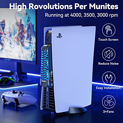 Kytok PS5 Cooling Fan with 3 Adjustable Fans, Quiet PS5 Fan Upgraded with 9 Blades and Extra USB HUB, PS5 Cooler with Touch Screen Compatible with Playstation 5 Digital & Disc Edition