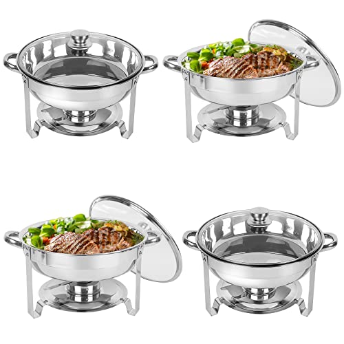 IMACONE Chafing Dish Buffet Set 4 Pack, 5QT Round Stainless Steel Chafer for Catering in Glass Lid, Chafers and Buffet Warmer Sets w/Food & Water Pan, Lid, Frame, Fuel Holder for Event Party Holiday