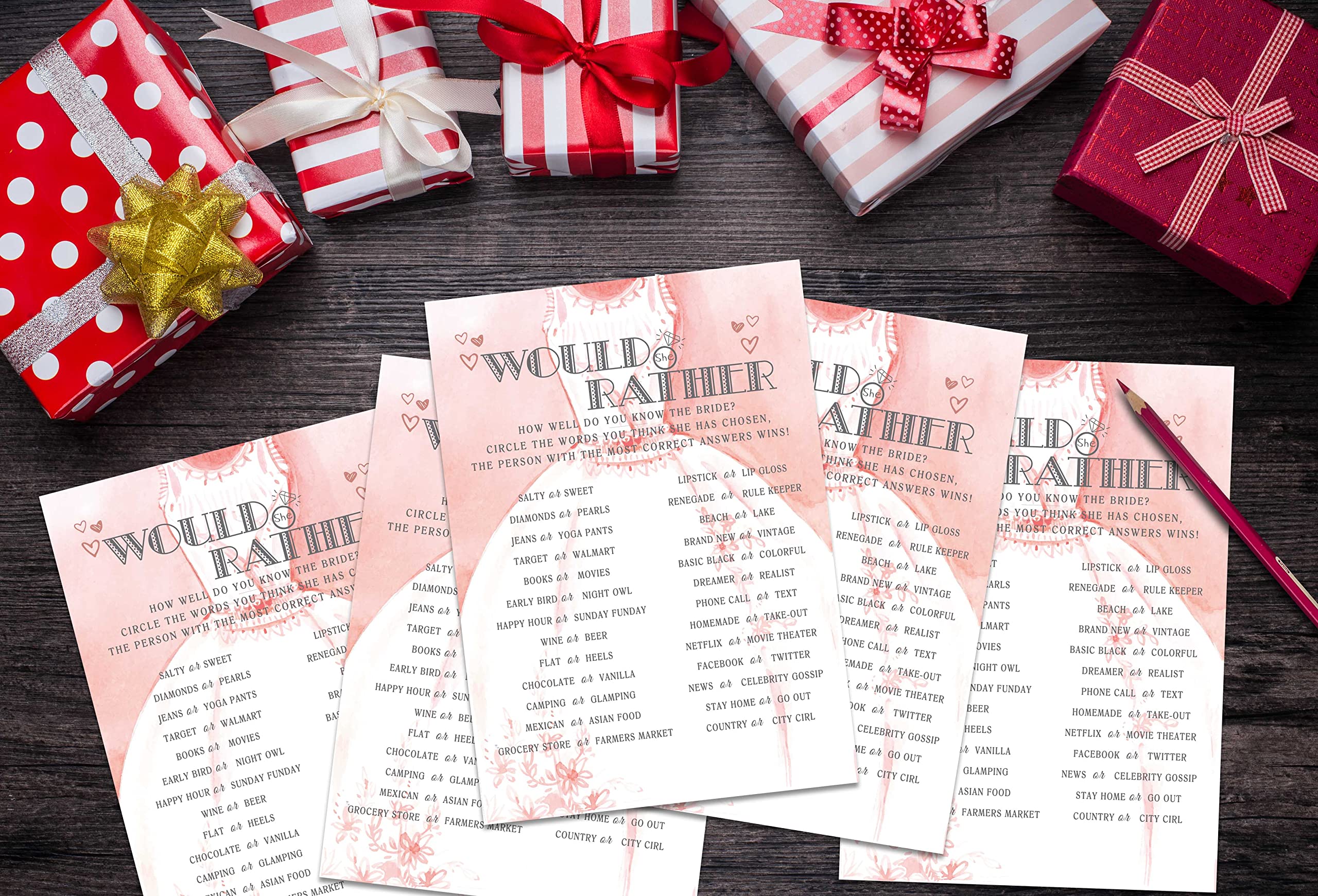 Bridal Shower Games - Would She Rather Game - Wedding Shower Games Cards - Engagement Party Games - 30 Cards Pack(dress08)