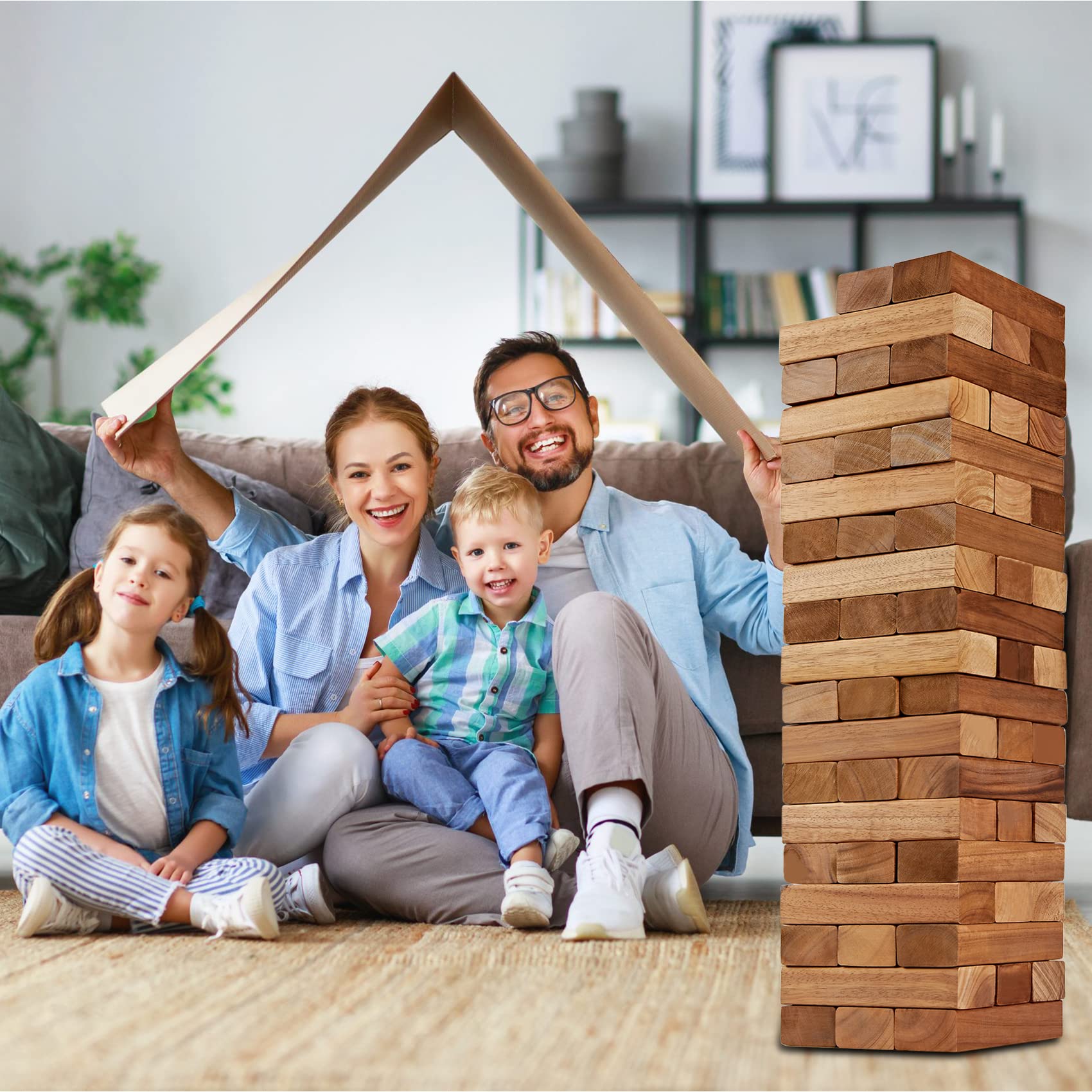 Pointyard 56PCS Giant Tumble Tower [Stack to 5FT+], Carbonized Pine Wooden Tumble Timber Game Set for Teens Adults Family - Classic Stacking Block Party Game with 1 Dice | Scoreboard | Carry Bag