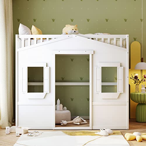 Harper & Bright Designs House Loft Bed Twin Kids Playhouse Bed, Solid Wood Loft Bed Frame with Window and Ladder, for Girls Boys (Twin Size, White)