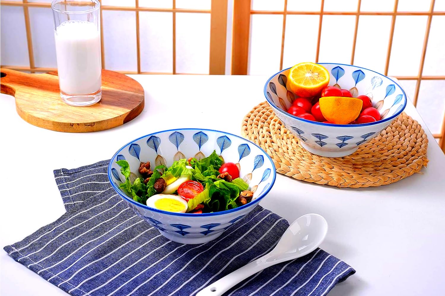 Braque Ceramic Japanese Ramen Bowl, Set of 2, 28.7oz Porcelain Bowls with Spoons – for Ramen, Pho, Udon, Soup, Salad – Asian Rustic Design, Chip Resistant, High Grade Lead & BPA Free - Leafage Echo