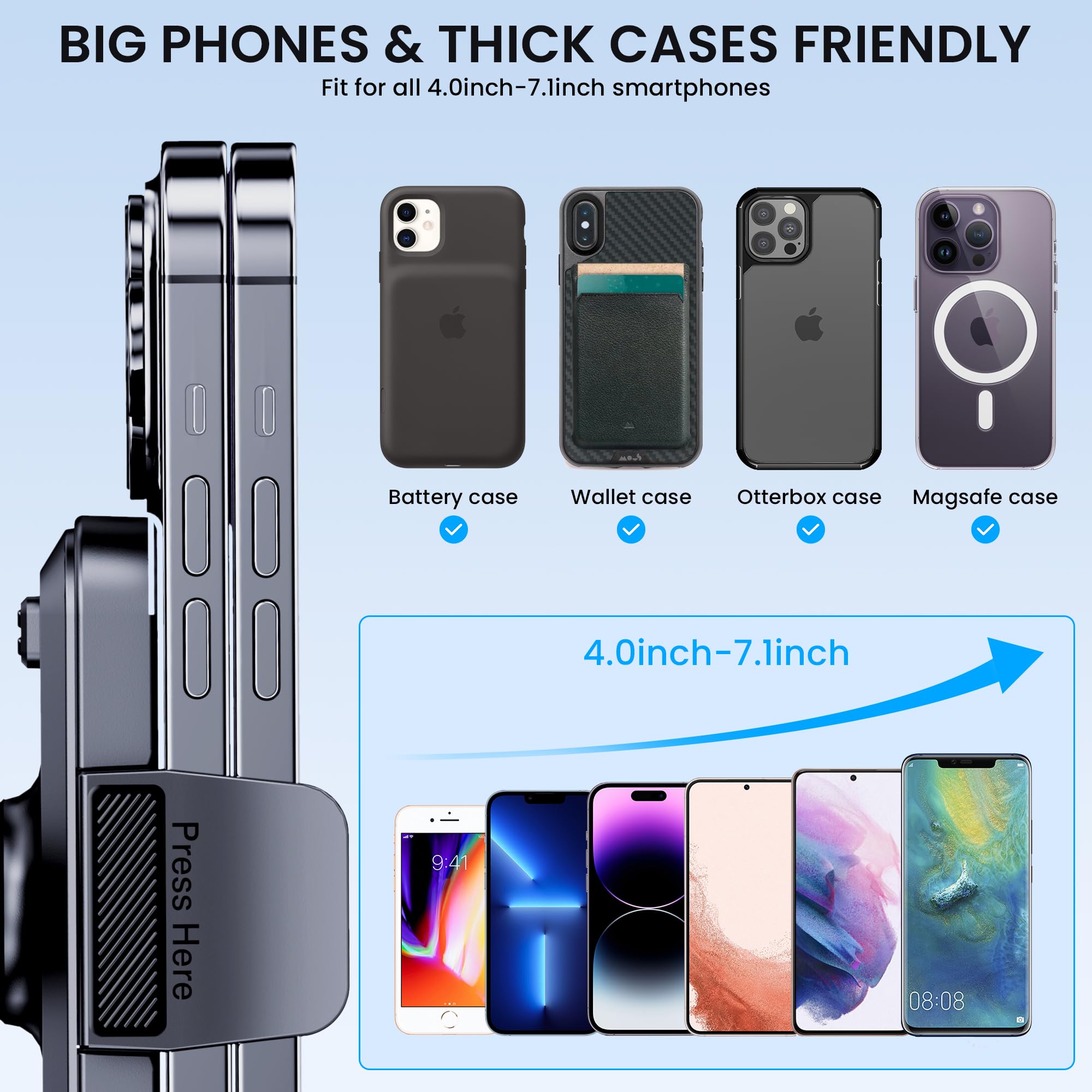 BIVGAZA Universal Car Phone Mount with Super Strong Suction Cup, Thick Case Friendly, Adjustable Telescopic Arm, Compatible with All Smartphones