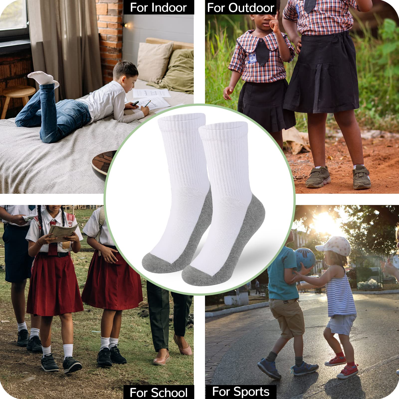 BOOPH 6 Pairs Boys Athletic Crew Socks Ankle Socks for Kids W-Gray 10-14 Years