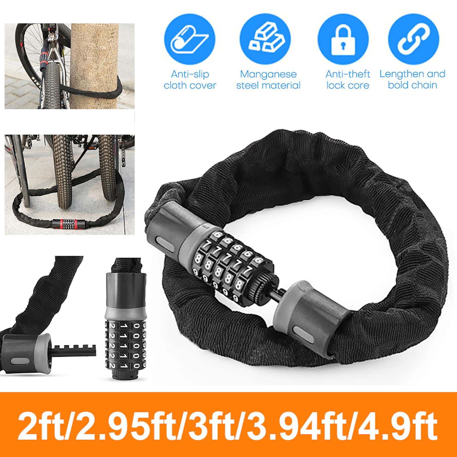 Bike Bicycle Metal Lock Chain Cable Anti-Theft Outdoor 5-Digit Combination Code (150 cm)