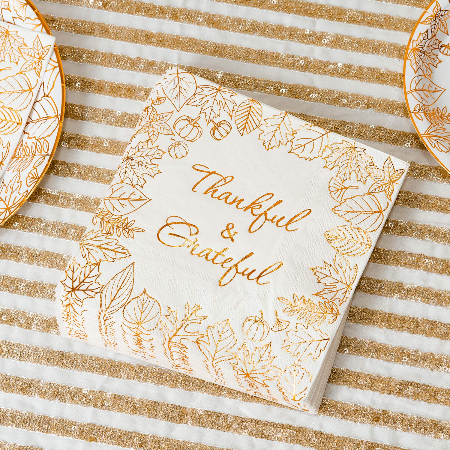 Crisky 24 Guests 96 Pcs Thanksgiving Disposable Napkins Plates Cups Set for Autumn Thanksgiving Dinner Party Decorations, Thankful and Grateful in Orange Foil