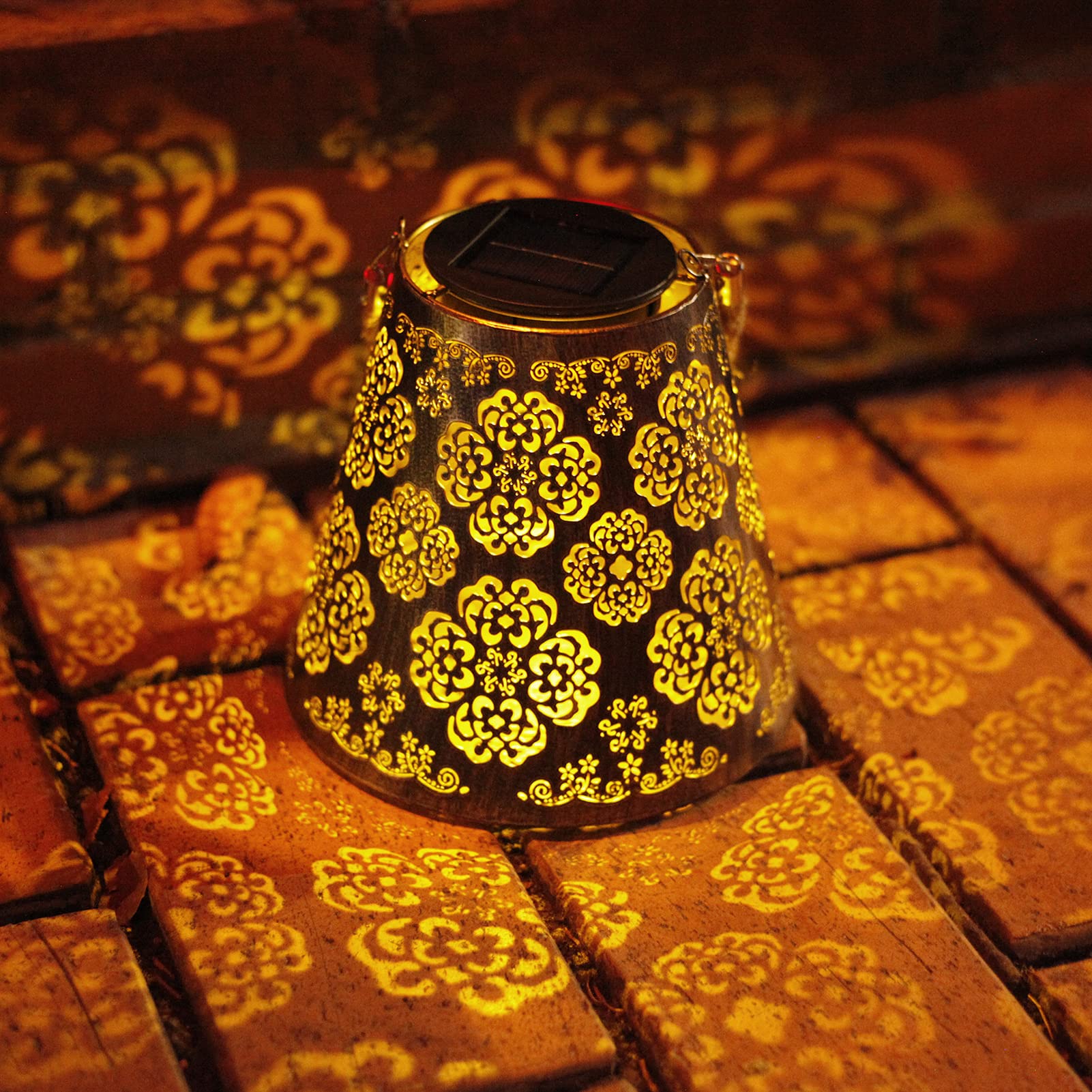 Outdoor Lanterns, Moyisea Hanging Solar Lantern Lights with Rattan Handle and Metal Hollow-Out Flower Lace, Waterproof Decorative Lantern for Patio, Porch, Garden and Tabletop, Bronze