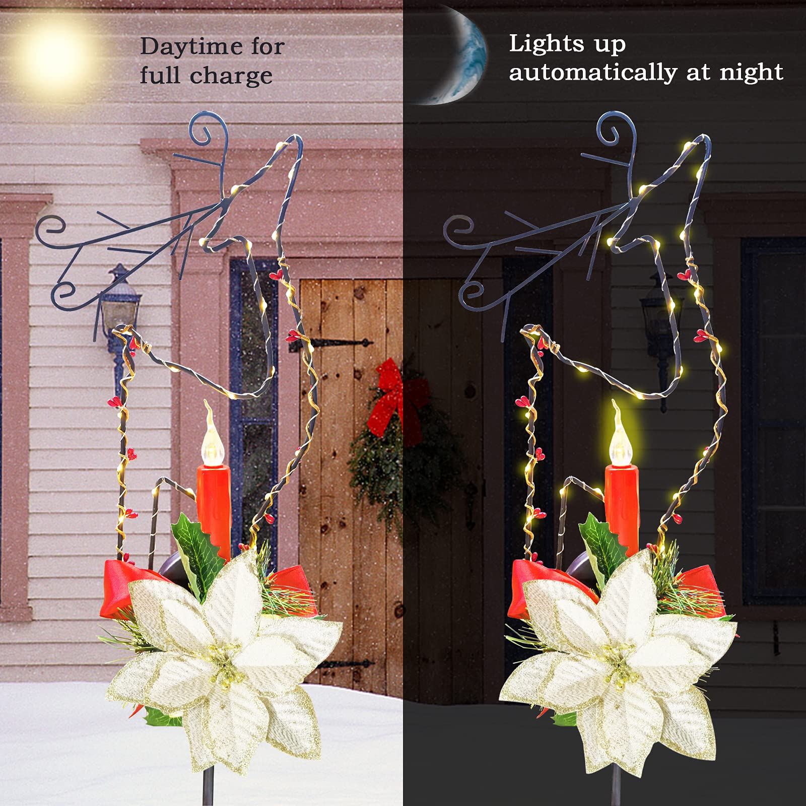 OBABA 2 Pack Solar Christmas Yard Stake Lights,Outdoor Decor Garden Metal Reindeer 33" Stakes LED Candle Light,Holiday Ornament for Home Lawn Pathway Walkway Driveway Winter Decoration