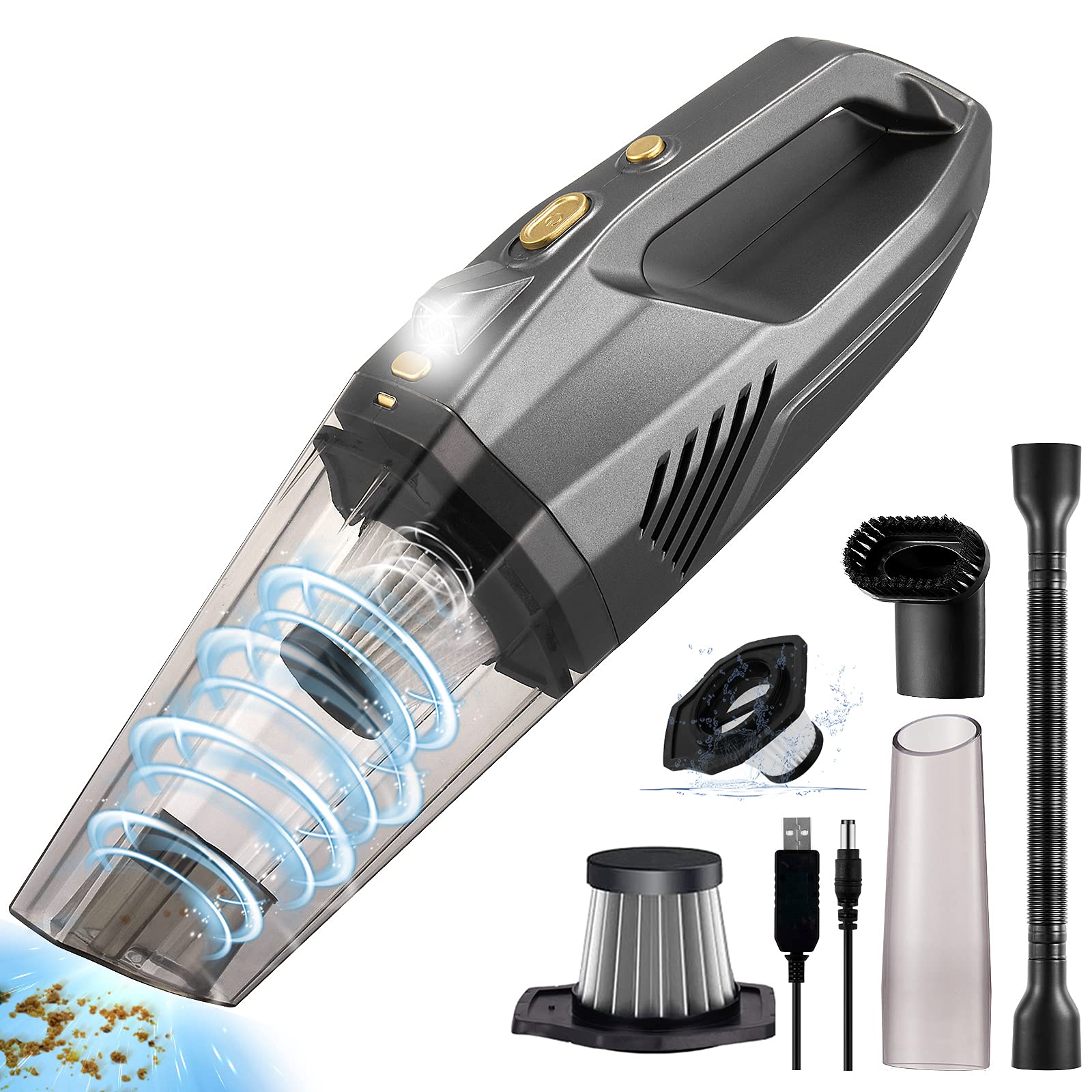 KOHUIJOO Cordless Handheld Vacuum Cleaner, Car Vacuum Cleaner Cordless, Dust Busters Cordless Rechargeable Small Portable Cordless USB Handheld Vacuum for Home and Car Cleaning with LED Light Gray