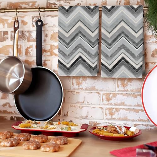 Beisseid Kitchen Dish Towels Grey Chevron Dish Cloth Fingertip Hand Towels Geometric Design Stripe Super Absorbent Soft Cotton Tea Towel 3 PCS
