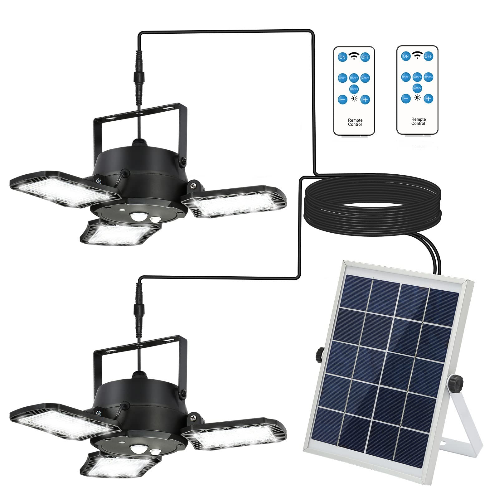 Solar Shed Lights with Dual Lamps, Outdoor Indoor 800LM 192LED Motion Sensor Solar Powered Pendant Light with Remote Control 120° Adjustable Heads IP65 Waterproof for Gazebo Garage Porch
