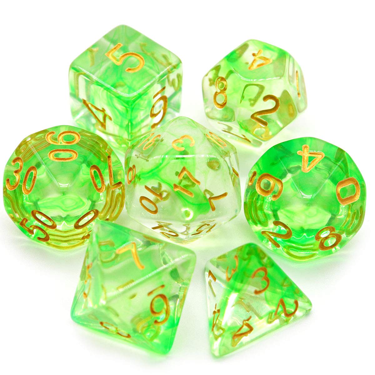 Haxtec 7PCS DND Dice Set Polyhedral D&D Dice of D20 D12 D10 D8 D6 D4 for Dungeons and Dragons TTRPG Games (Green Cloud)