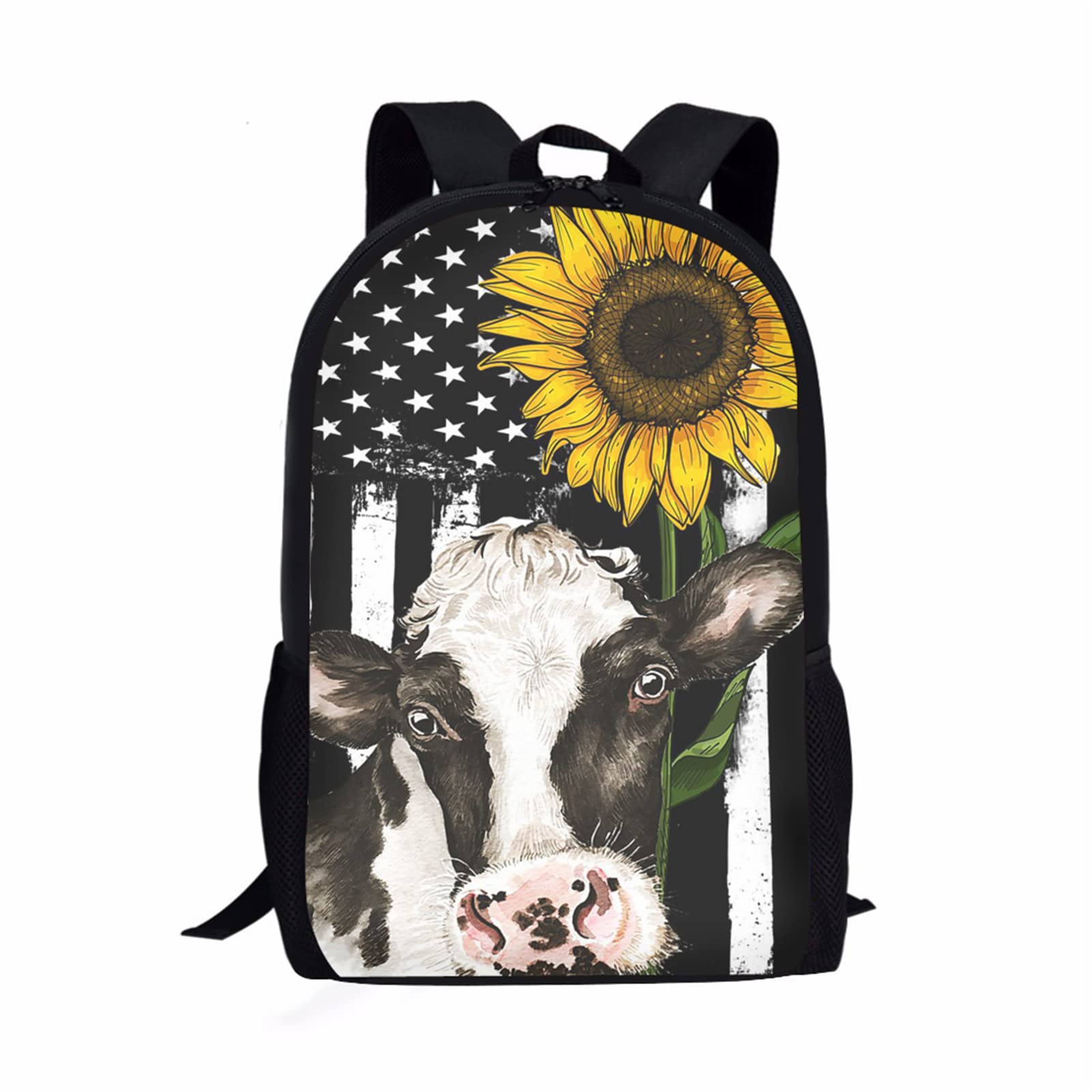 Biyejit Sunflower Cow with American Flag Design Backpack for Kids School Book Bags Girls Rucksack Lightweight Bookbags