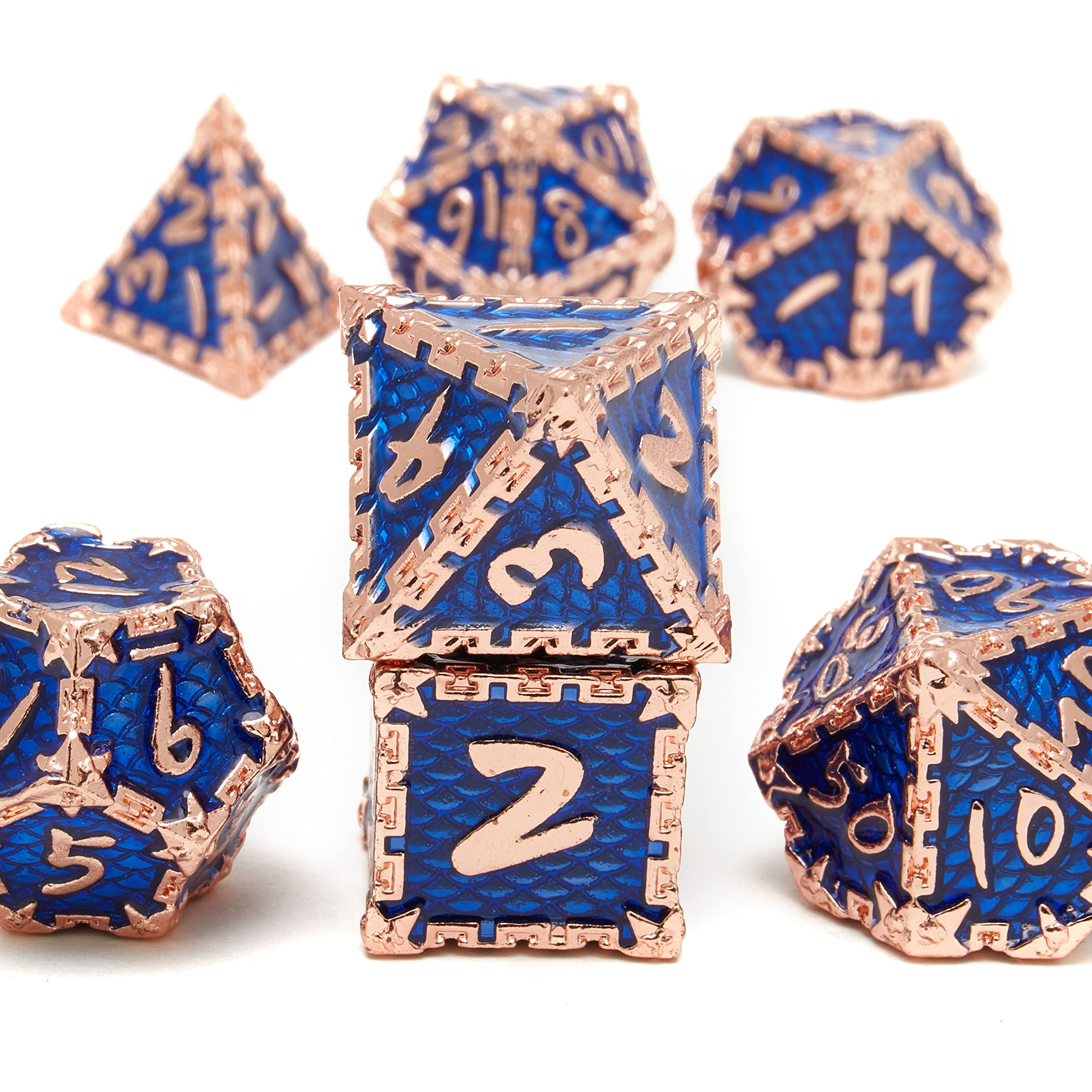 Ouyide Metal dice, DND dice Set, Dragon Skin Scale Iron Chain, Suitable for Role-Playing Dungeons and Dragons dice Set Game(Rose Gold Rim + Blue)