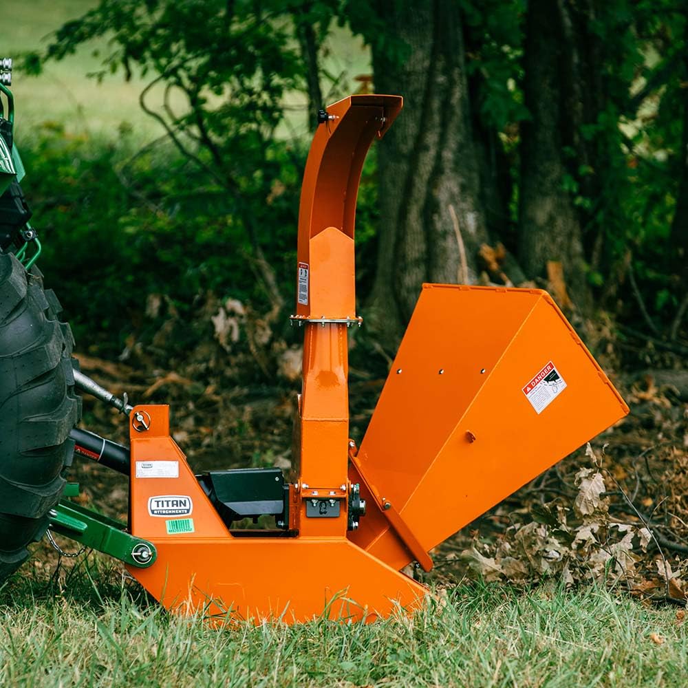 Titan Attachments 3 Point Wood Chipper, PTO Driven for Tractors Up to 70HP, 3 Point Hitch Mounting, Self-Feeding Chute, Adjustable Discharge, Reversible Blades, Shredder Mulcher Operates at 540 RPM