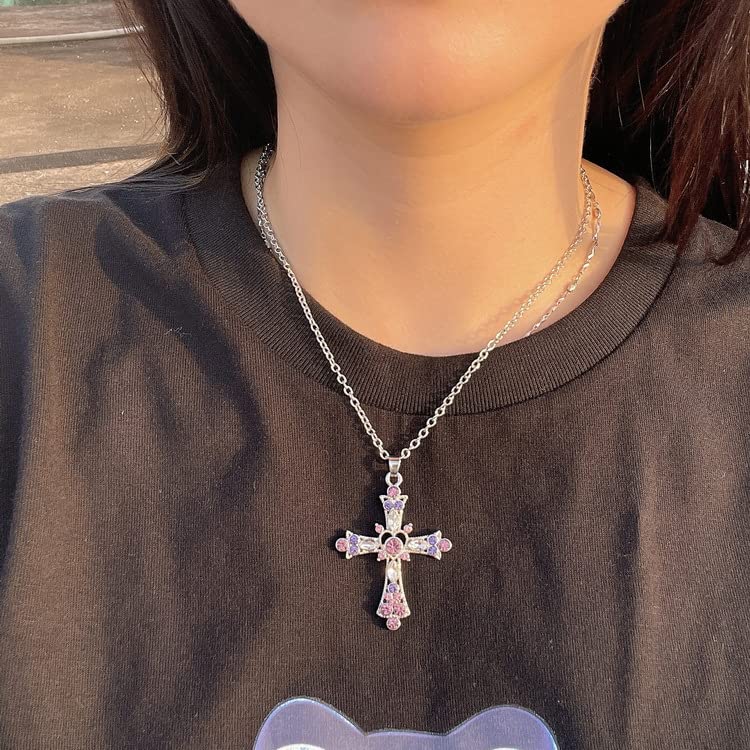 Pink Crystal Cross Pendant Necklace Gothic Punk Indie Cross Zircon Choker for Egirl Eboy Woman