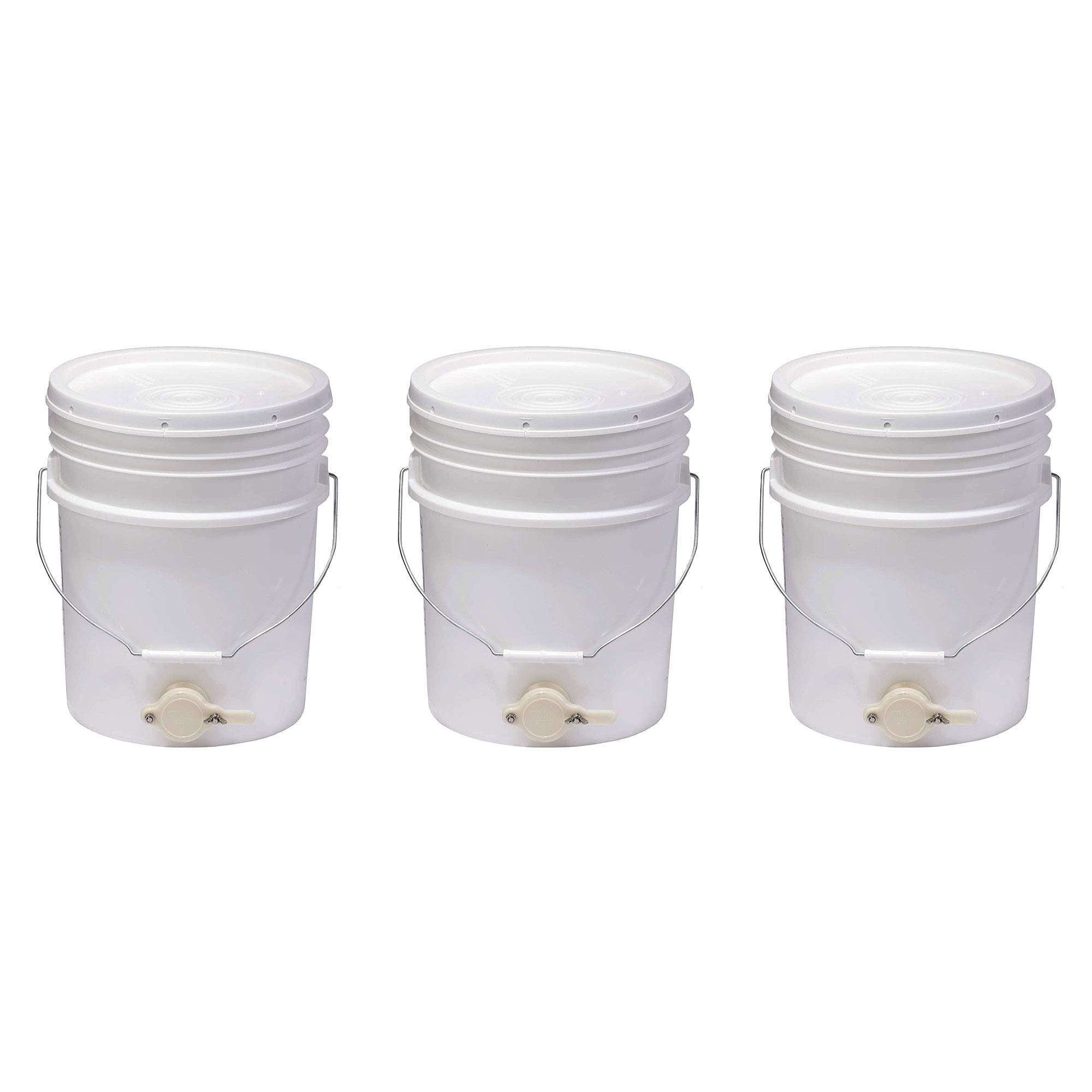 Little Giant 5 Gallon BKT5 Plastic Honey Extractor Bucket with Tight Fitting Lid and Honey Gate Tool for Beekeeping Harvesting, White (3 Pack)