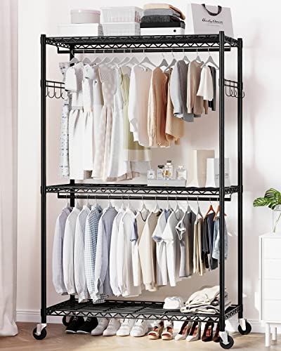 HOKEEPER Heavy Duty Wire Garment Rack Clothes Rack with Shelves and Double Rods, Rolling Clothing Rack for Hanging Clothes, Portable Freestanding Closet Storage Shelves Rack with Wheels and Hooks