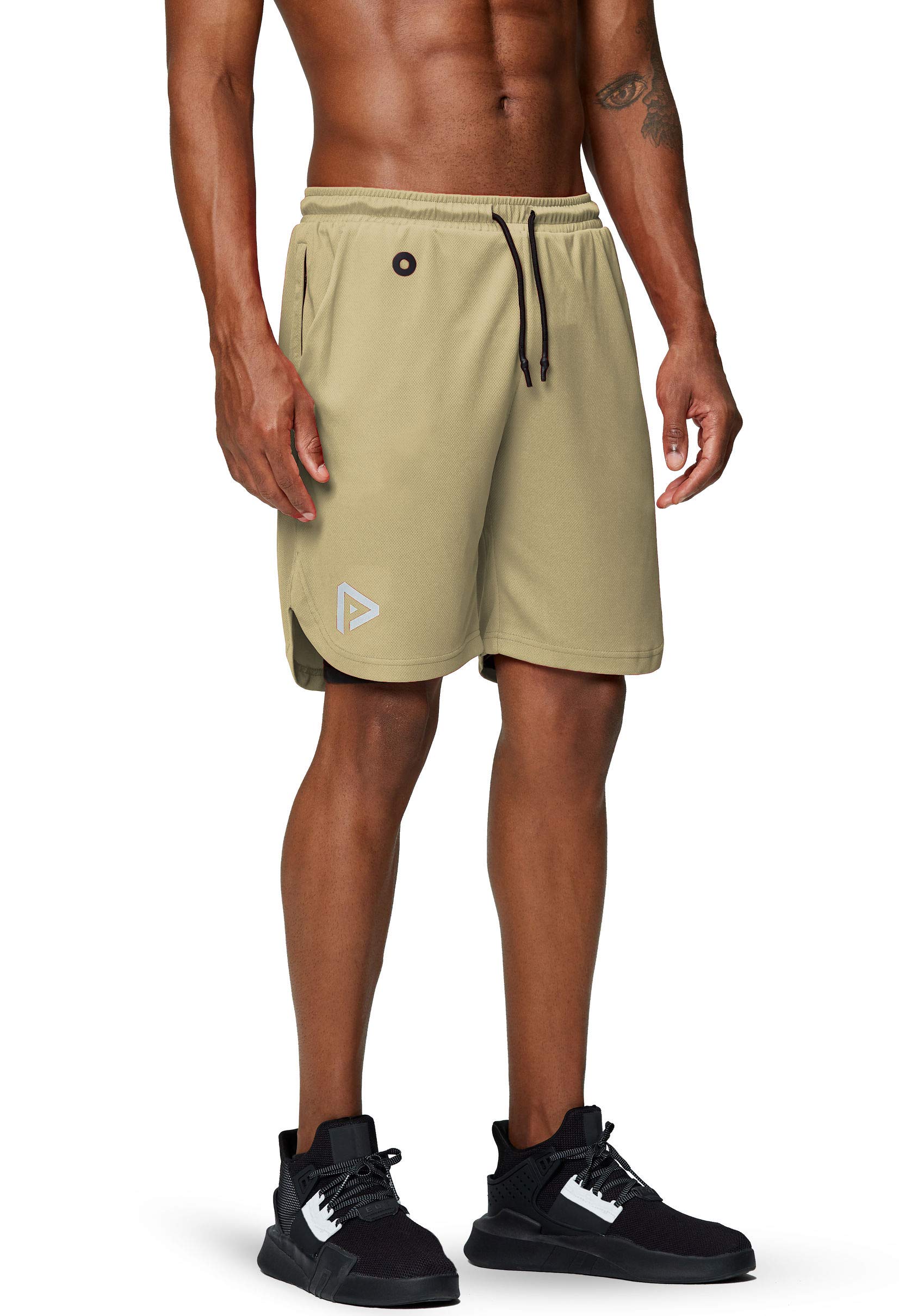 Pinkbomb Men's 2 in 1 Running Shorts Gym Workout Quick Dry Mens Shorts with Phone Pocket (Khaki, Medium