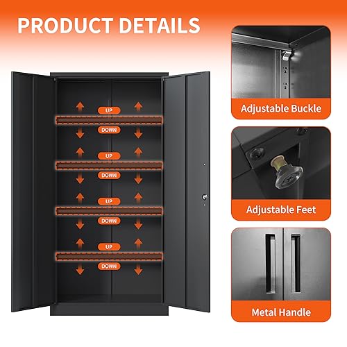 BIZOEIRON Metal Garage Storage Cabinets with Lock, 72" Black Storage Cabinet with Doors and Shelves, Heavy Duty Steel Tool Cabinets for Home Office, Warehouse, Gym, Classroom (Black)