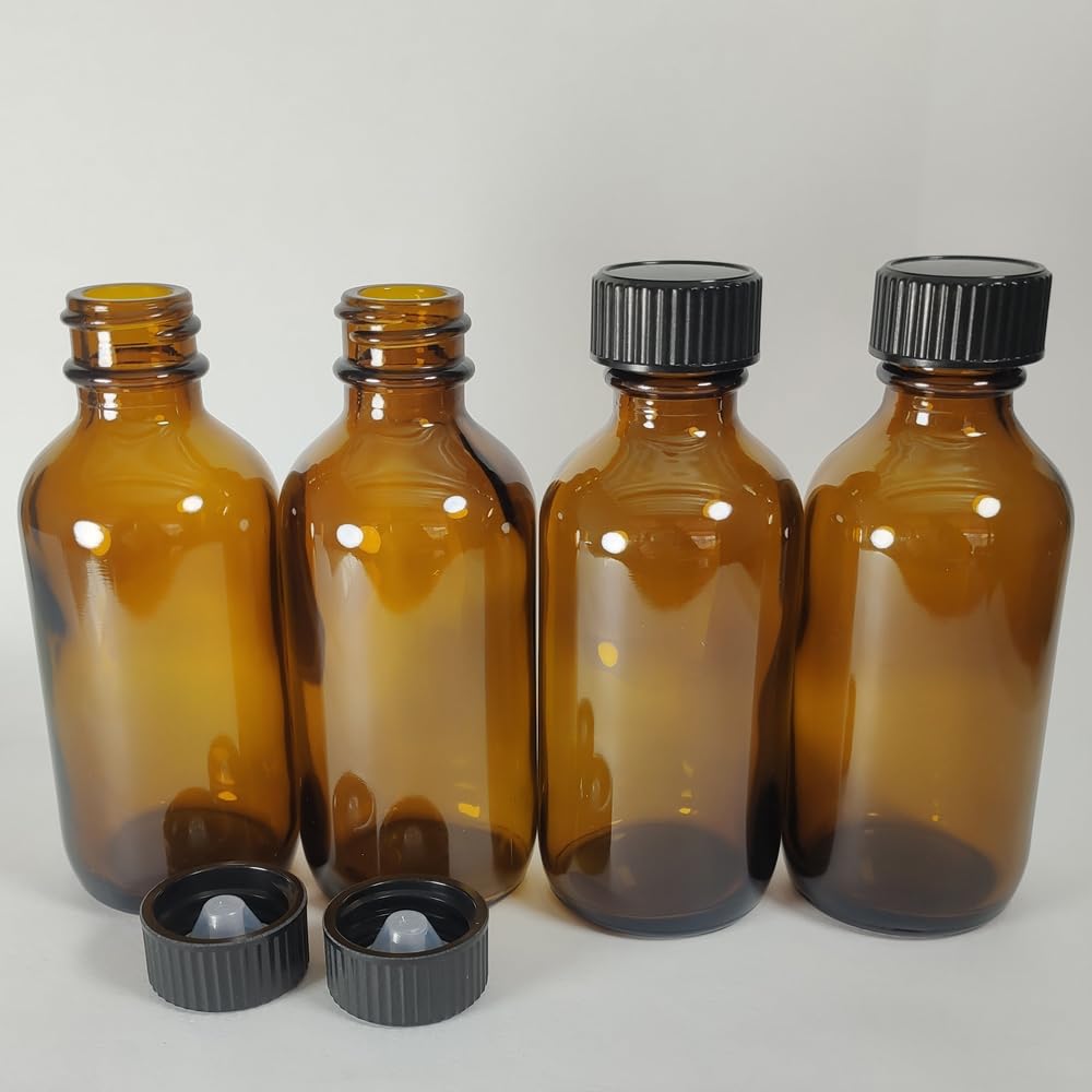 PIPIBA 24Pack 2oz (60ml) Boston Glass Bottle. Essential Oil Bottle With Lid. For Perfume, Aromatherapy, Lab Refillable Sample Vials (Amber)