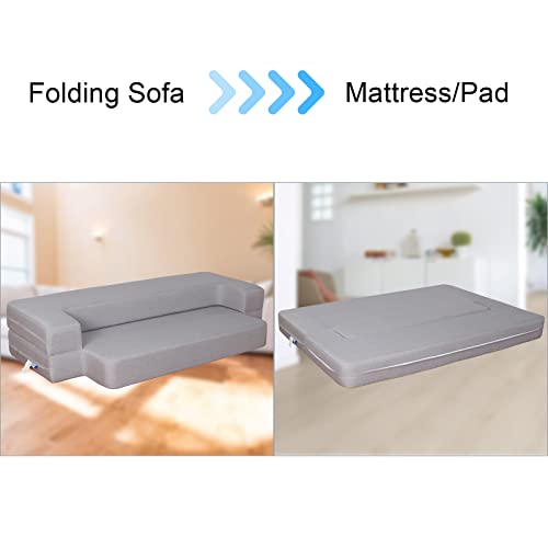 HonTop 8 Inch Folding Sofa Bed Queen Size Memory Foam Couch Convertible Futon Sleeper Foam Bed for Bedroom Living Room Guest, Light Grey