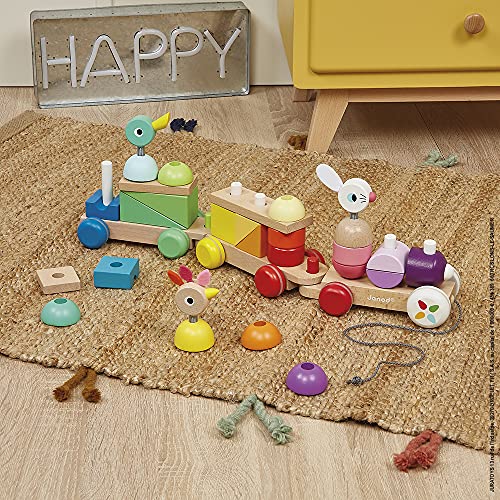 Janod Zigolos Giant 31 Piece Multicolor Wood Pull-Along Train and Stacker β Ages 1+ - J08202