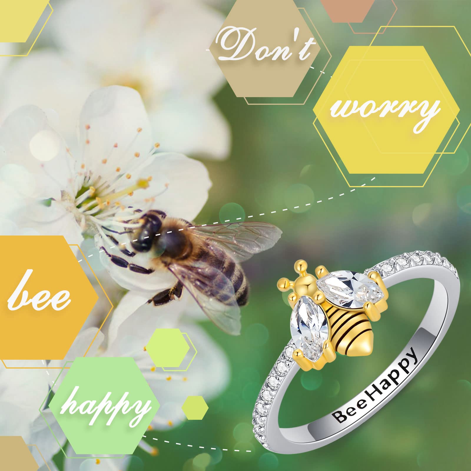 Bee Ring Sterling Silver Bee Band Ring with Crystal Promise Ring Gift for Women Teen Girl (6)