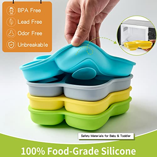 HEYTUYA 4 Pack Suction Plates for Baby & Toddler, 100% Food-Grade Silicone, 4 Large Divided Design, Microwave & Dishwasher Safe