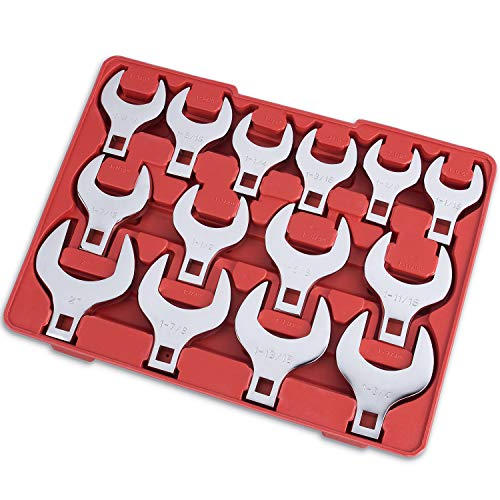 EFFICERE 14-Piece Premium 1/2" Drive Jumbo Crowfoot Wrench Set | Include Standard SAE Sizes from 1-1/16" to 2" with Storage Tray | Chrome Vanadium Steel and Mirror Chrome Finish